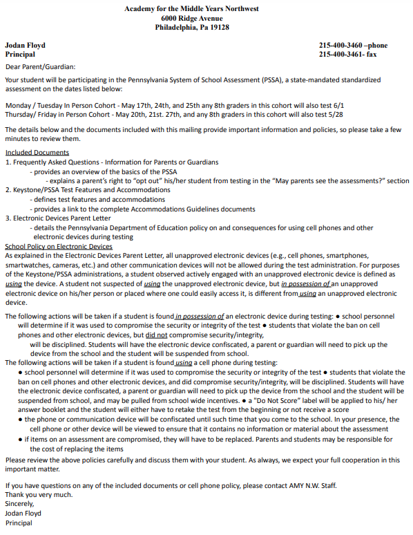 PSSA Testing 2021 School Year - AMY Northwest